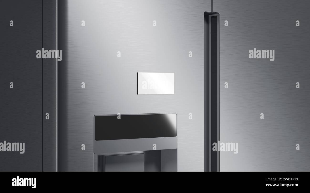 Blank white rectangle magnet on fridge mockup, side view, 3d rendering ...