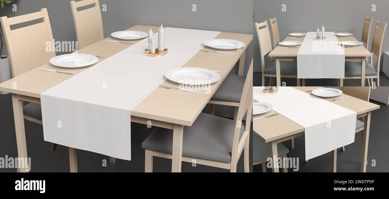 Blank white table runner and dishes mockup, interior background, 3d ...