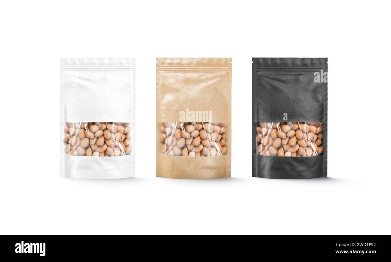 Blank black, white, craft zipper pouch with nuts mockup, isolated, 3d ...