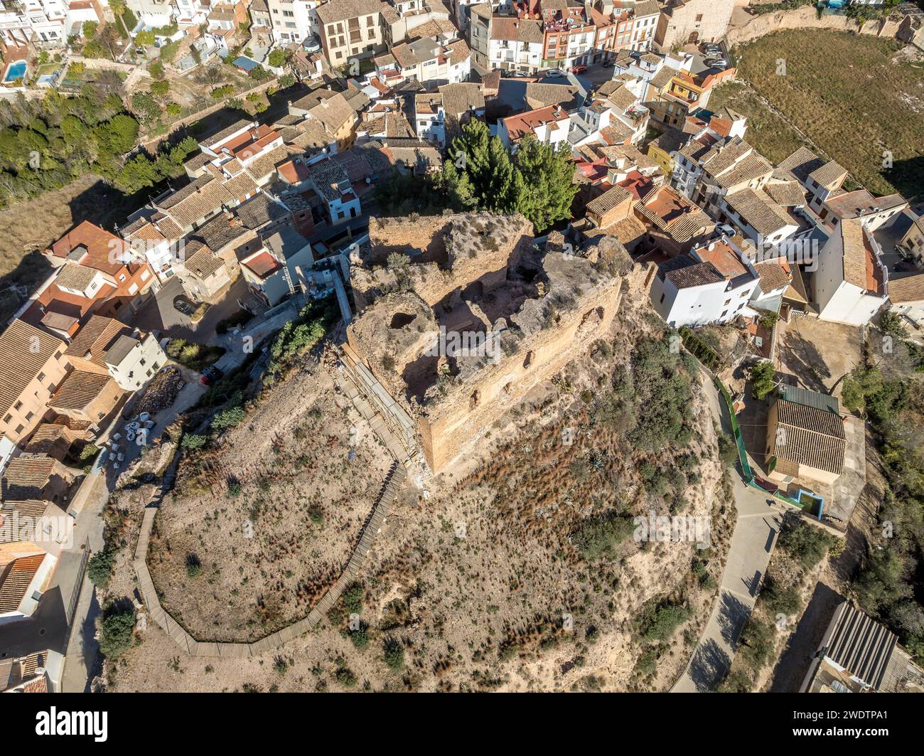 Aerial view of Castellnovo castle, medieval hilltop ruins near Segorbe ...