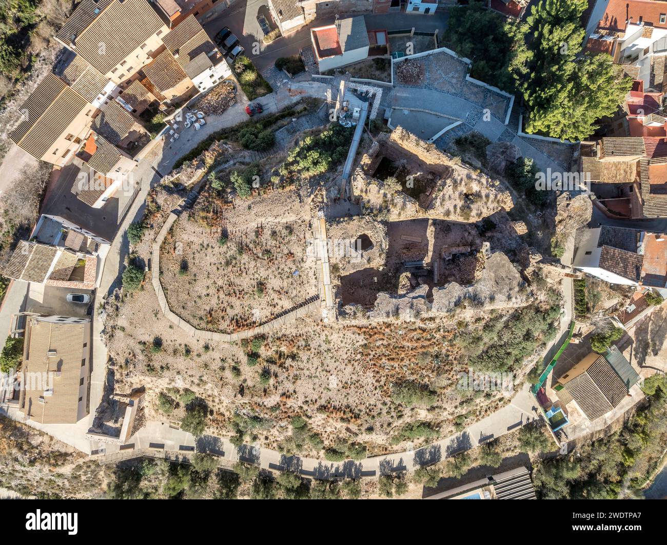 Aerial view of Castellnovo castle, medieval hilltop ruins near Segorbe ...