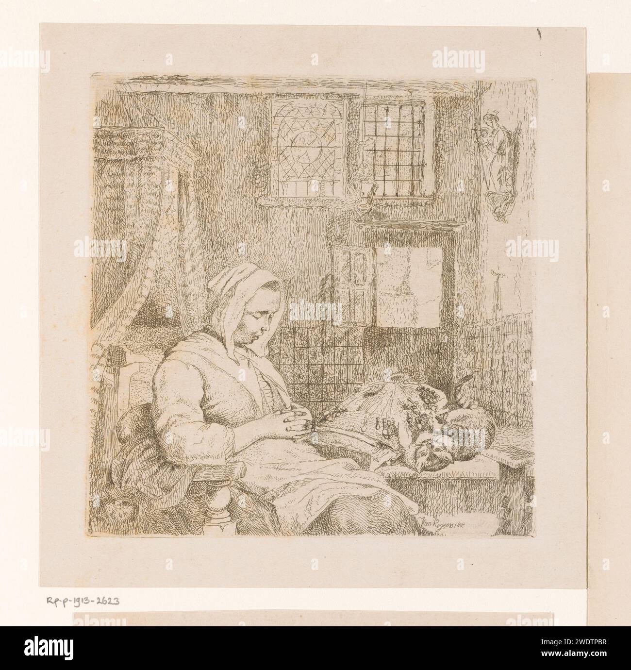 Sleeping lace worker in an interior with cat on the table, Ignatius ...