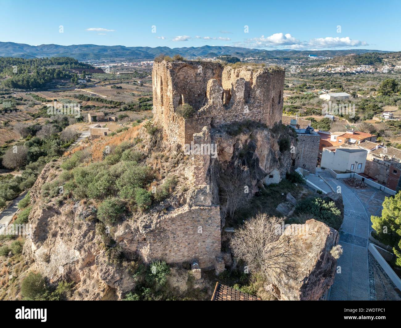 Aerial view of Castellnovo castle, medieval hilltop ruins near Segorbe ...