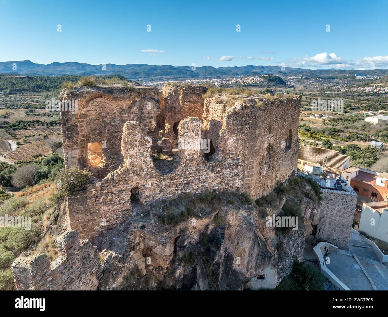Aerial view of Castellnovo castle, medieval hilltop ruins near Segorbe ...