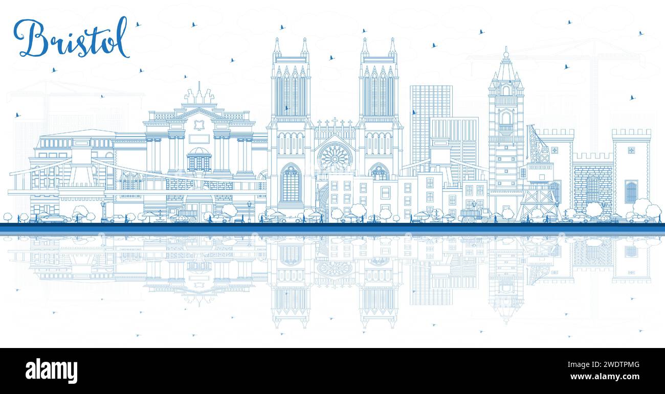 Outline Bristol UK City Skyline with Blue Buildings and reflections ...