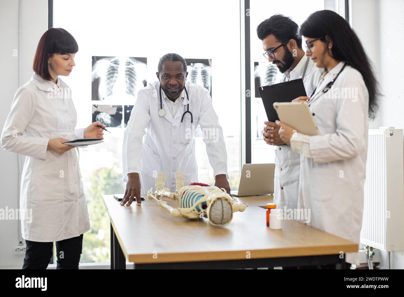 Human skeleton model on the table in classroom Stock Photo - Alamy