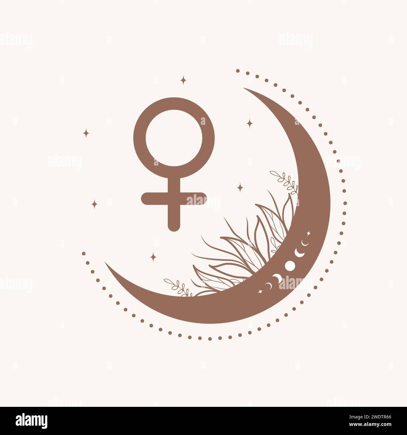 Female symbol in boho style. Gender icon with stars and moon. Vector ...
