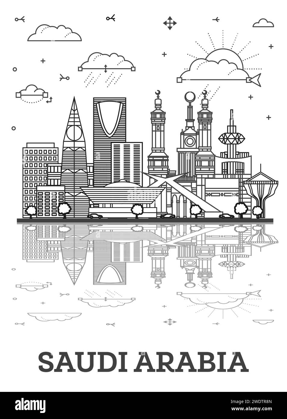 Outline Saudi Arabia City Skyline with Modern Buildings and reflections ...
