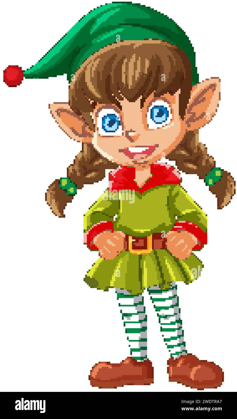 Cartoon elf girl smiling in Christmas-themed outfit Stock Vector Image ...
