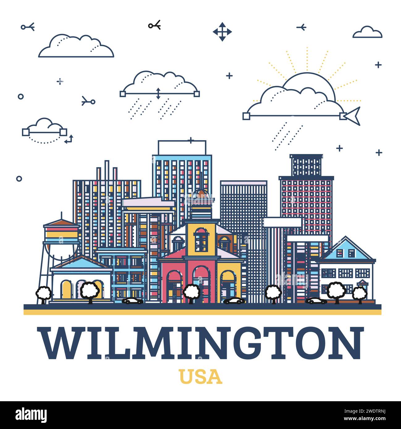 Outline Wilmington Delaware USA City Skyline with colored Historic ...