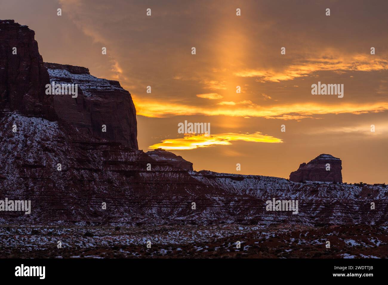 A sun pillar at sunset in the Monument Valley Navajo Tribal Park in ...