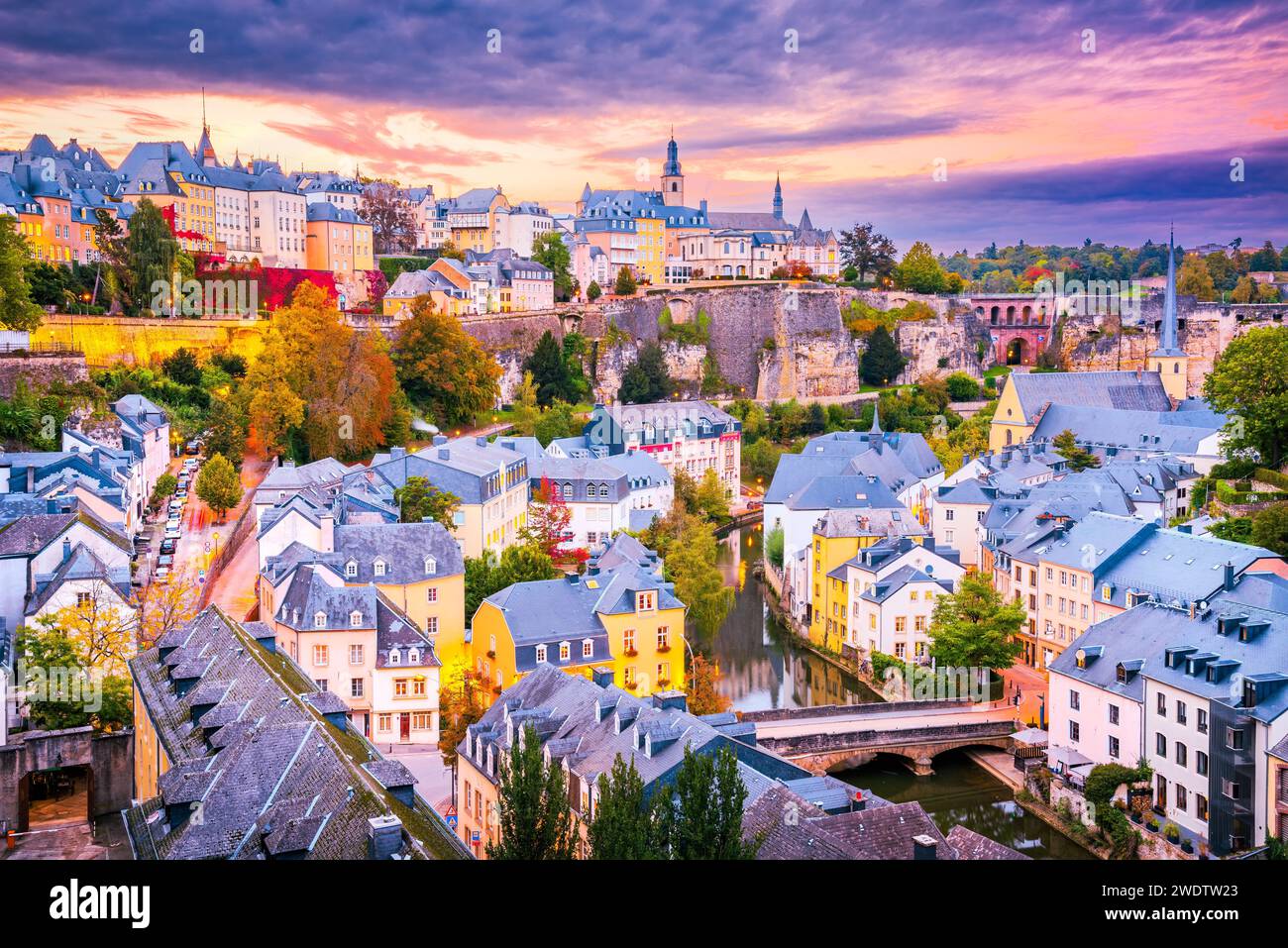 Luxembourg City, twilight scenic with old town, Alzette River ...