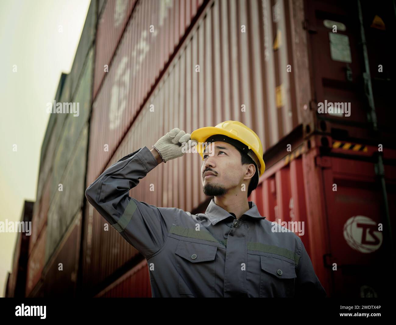 Happy Engineer OR Worker standing proudly at container cargo yard Stock ...