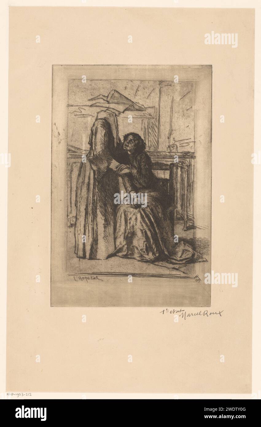 Hospital interior with woman supported by a woman with a white hood on ...