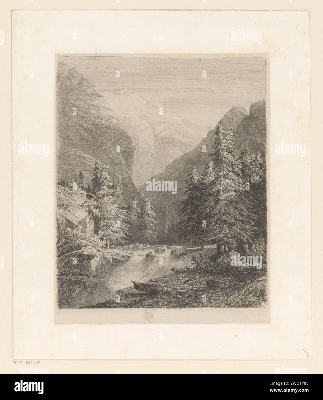 Mountain landscape with pine trees on a waterfall, Alexandre Calame ...