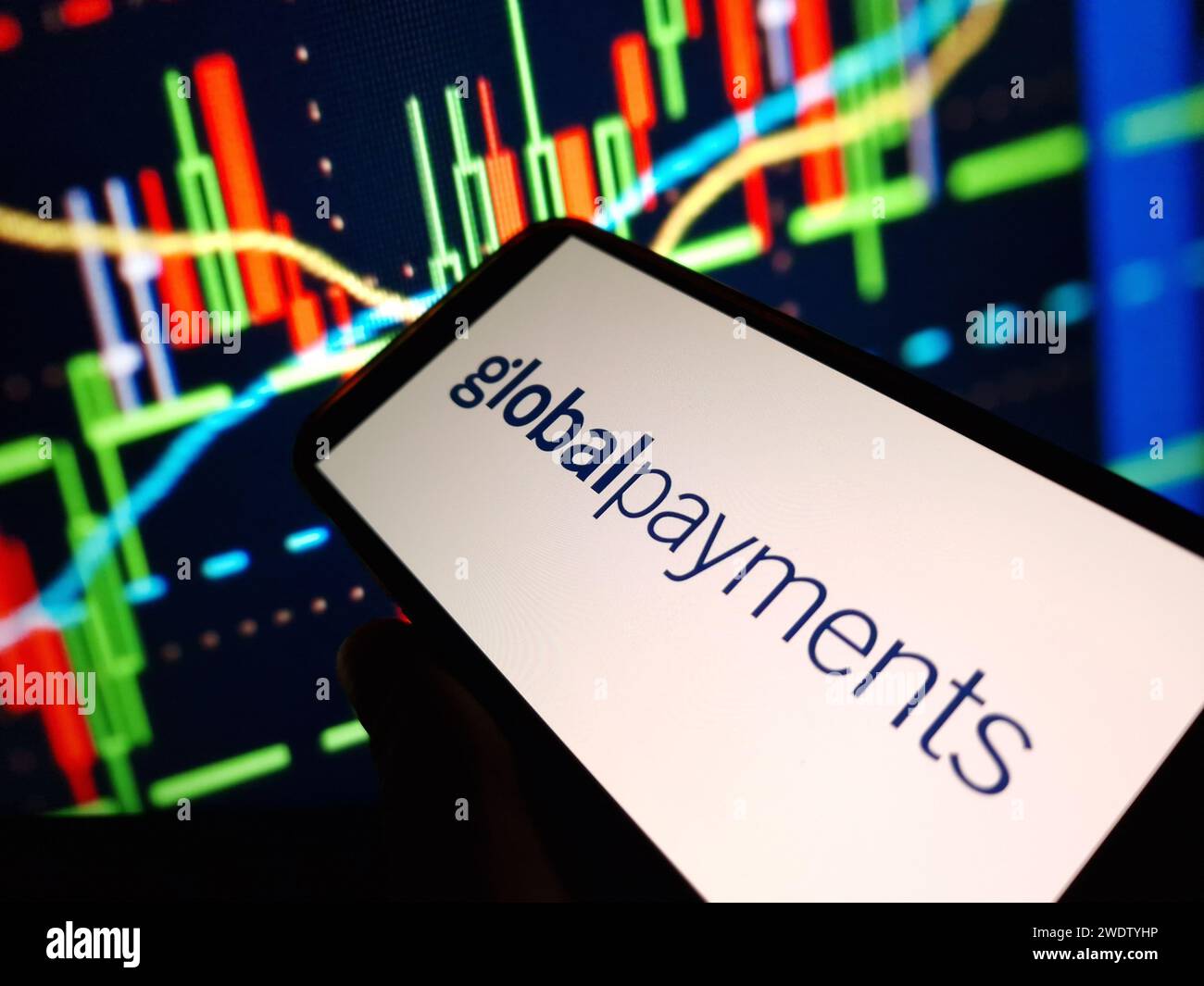 Konskie, Poland - January 21, 2024: Global Payments company logo displayed on mobile phone ...