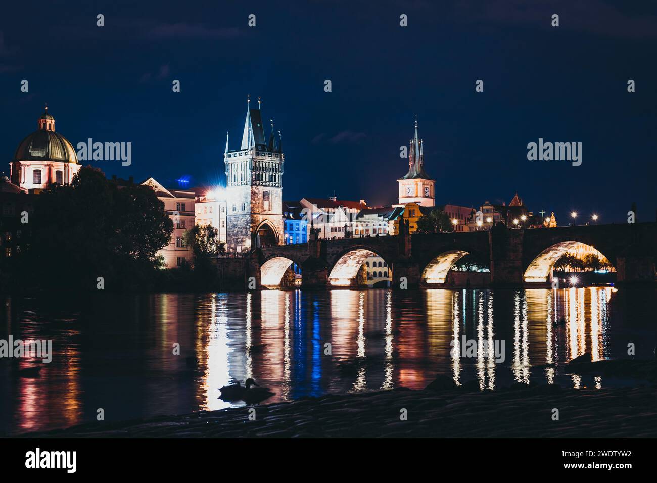 river bank in the city of Prague at night Stock Photo - Alamy