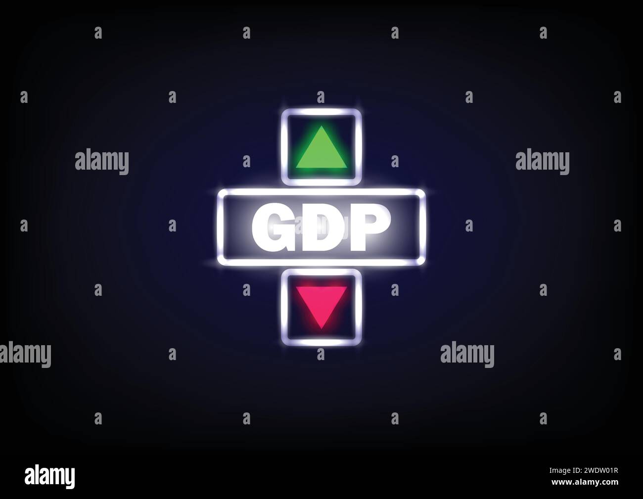 GDP symbol. A white neon cubes with up arrow. white neon Block with the ...
