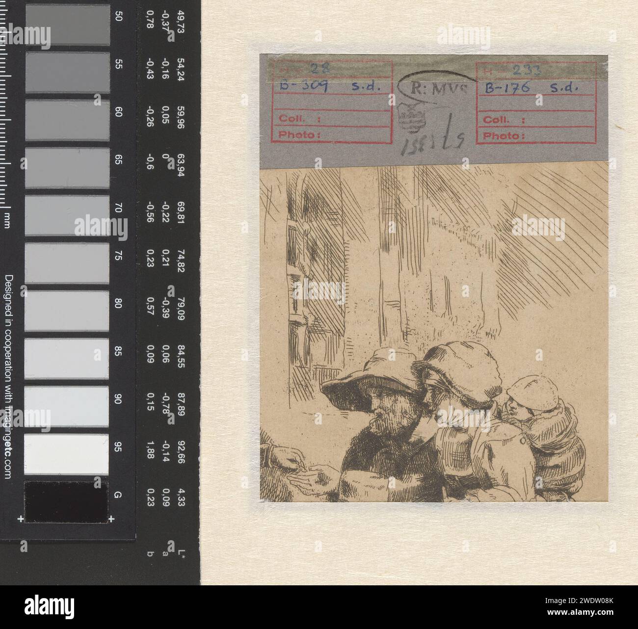 A blind hurdy-gurdy player and family receiving alms, anonymous, after ...