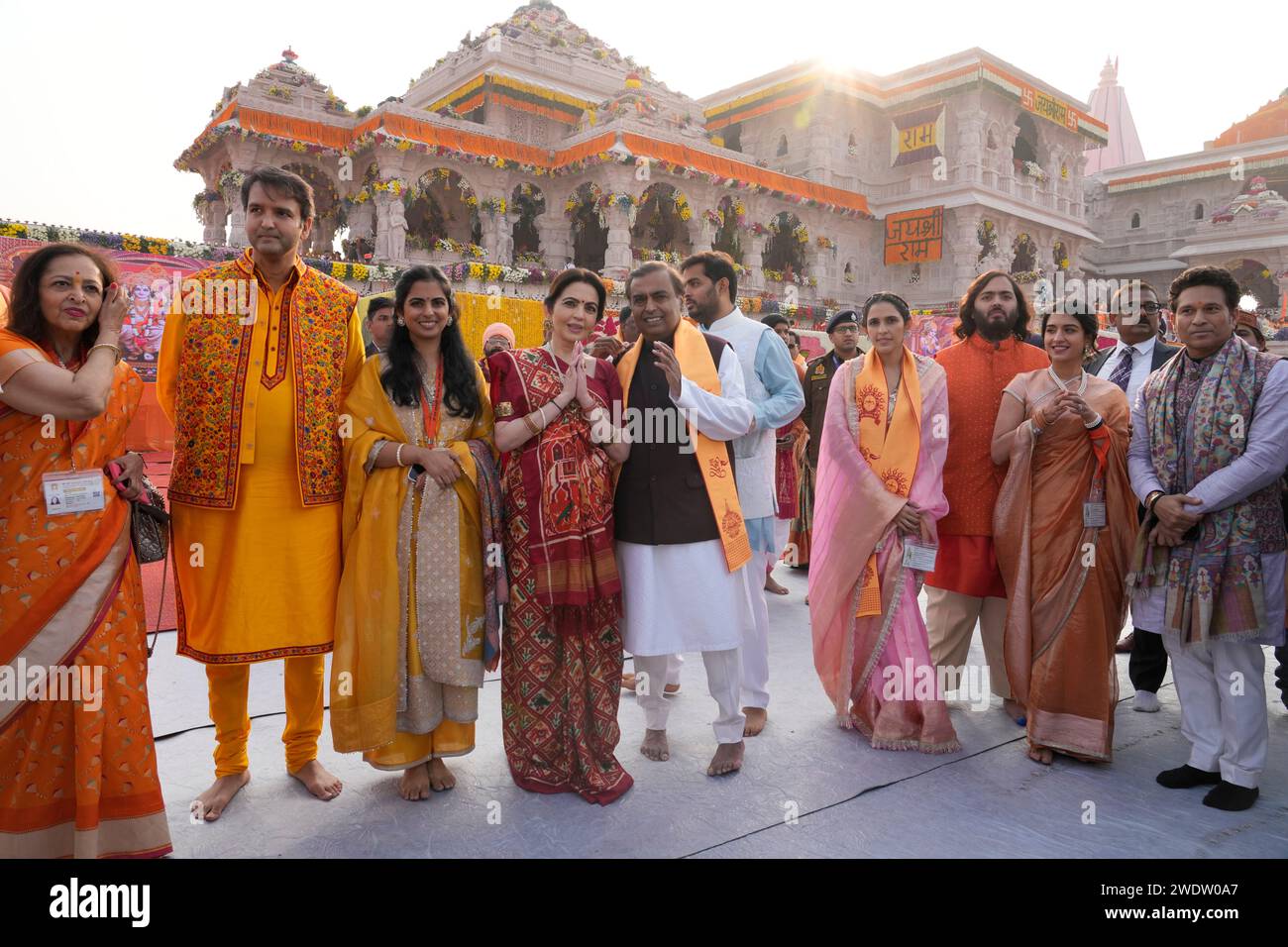 Indian industrialist Mukesh Ambani and his wife Nita Ambani, center ...