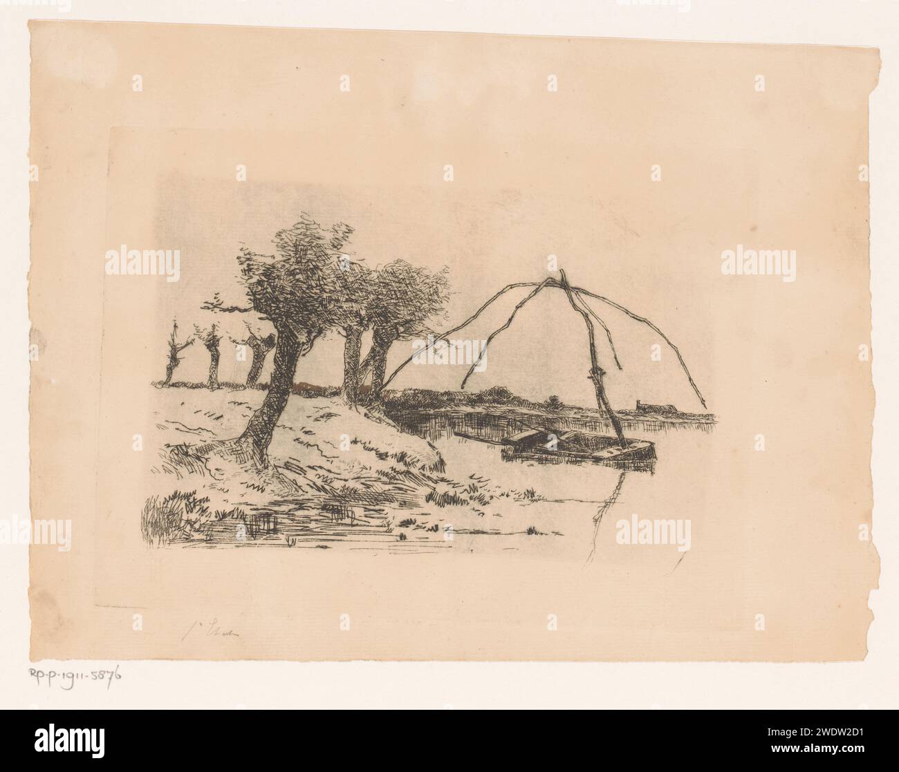 Landscape with Knotwilgen, A rowing boat in the water with a totebel ...
