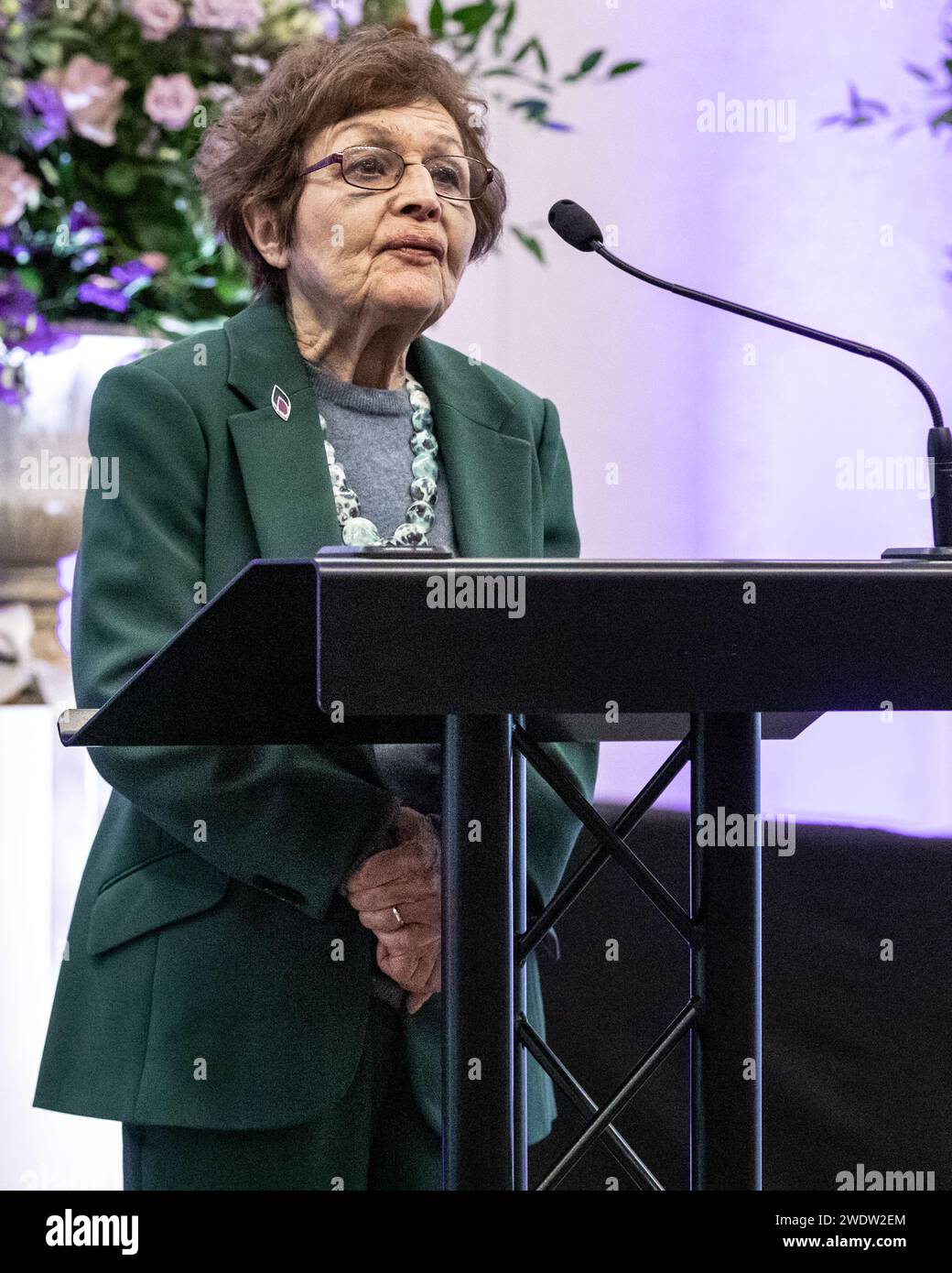 London, UK. 22nd Jan, 2024. Holocaust survivor Janine Webber BEM, with ...