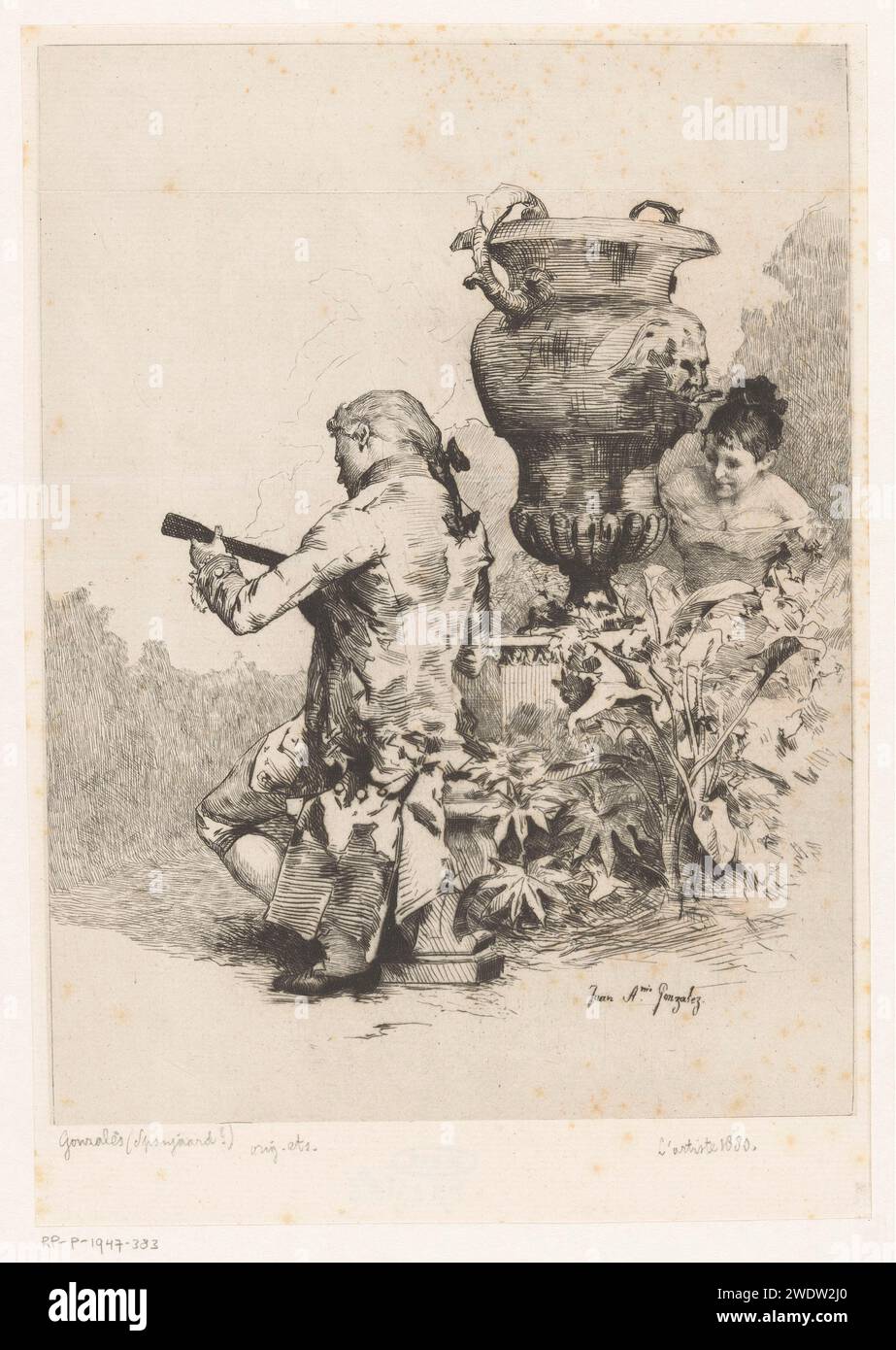 Man plays an instrument in a garden, Juan Antonio González, 1852 ...