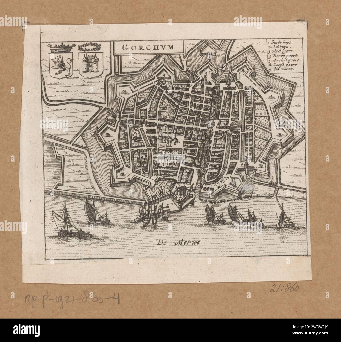Map of Gorinchem, Anonymous, 1660 print At the top left the city coat of arms. At the top right ...