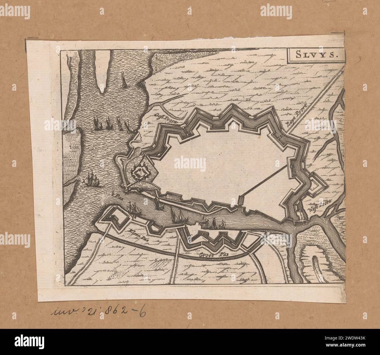 Vesting map of Sluis, Anonymous, 1660 print Amsterdam paper etching maps of cities. fortified ...