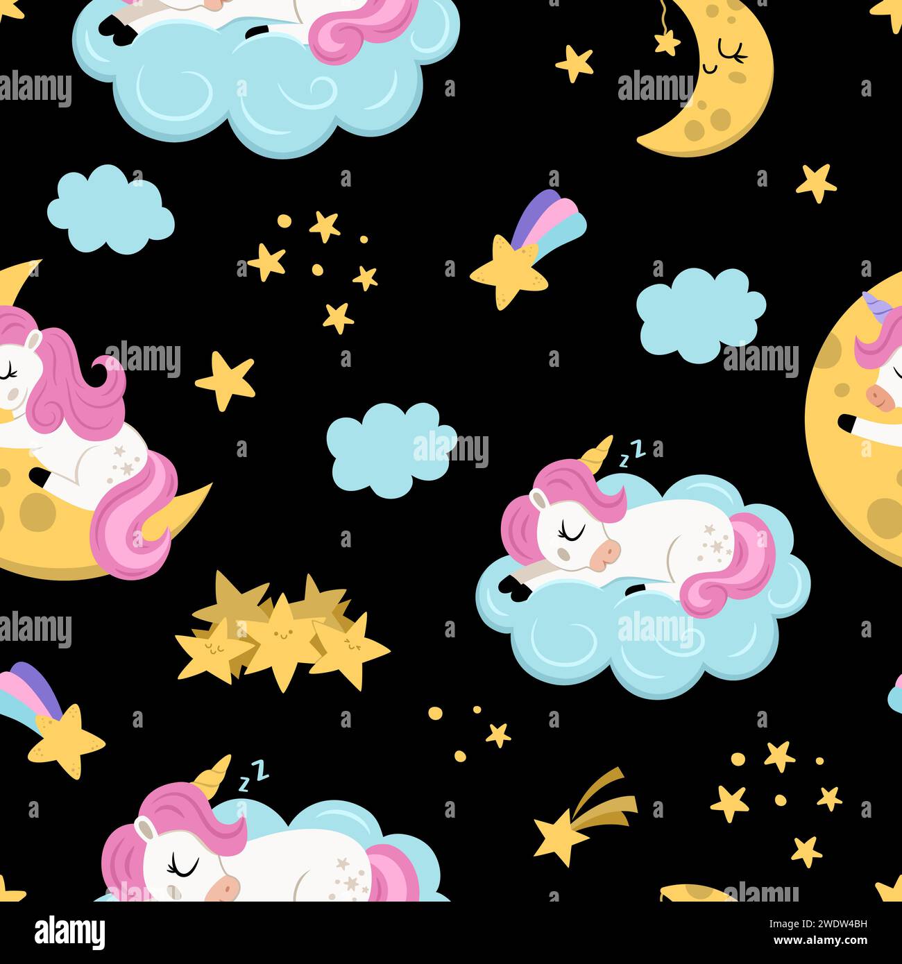 Vector seamless pattern with sleeping unicorns. Repeat background with ...