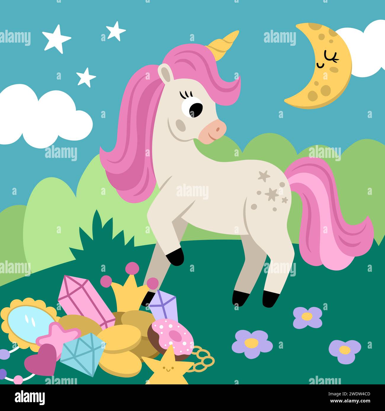 Vector square background with unicorn on green field with treasures ...