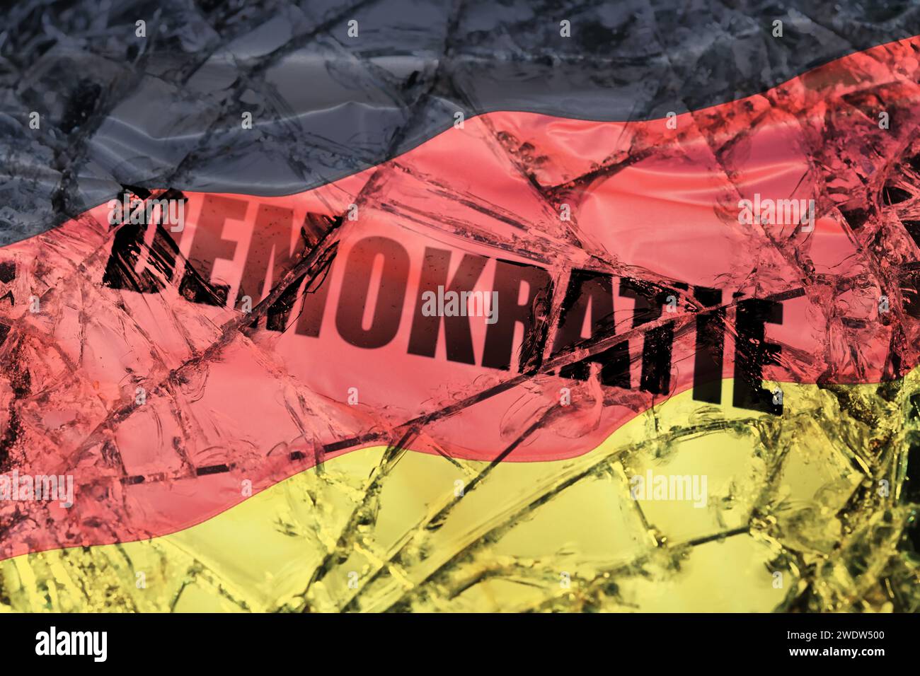 Font Democracy And German Flag In A Broken Mirror, Photo Montage Stock ...