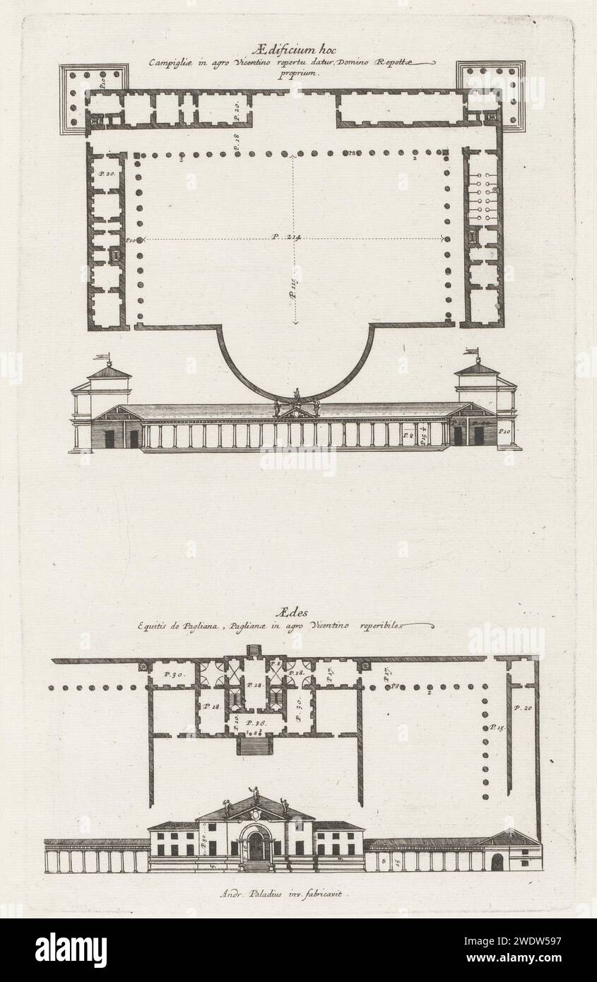 Plans and facades of two villas designed by Andrea Palladio, Anonymous ...