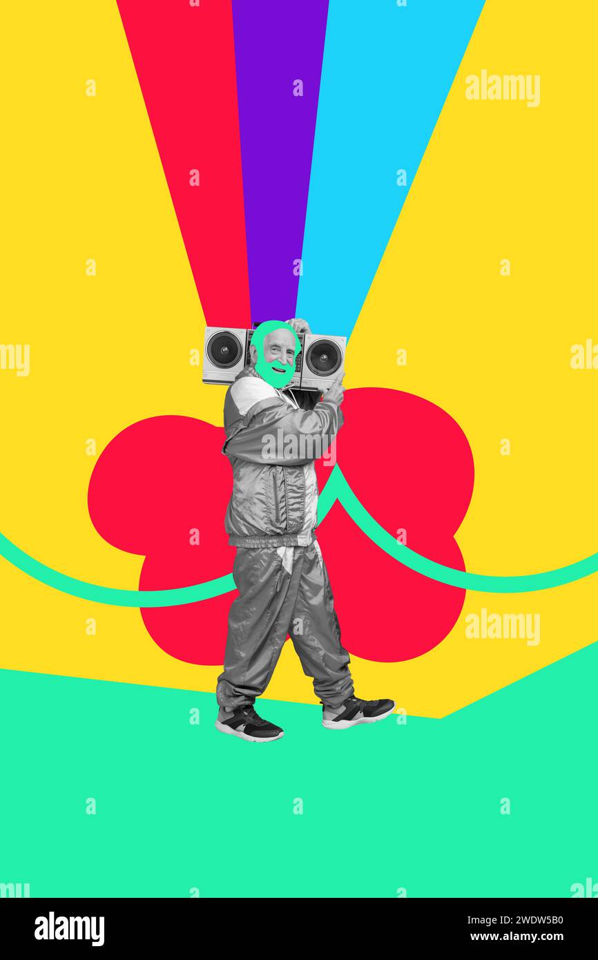 Composite collage image of old man carry boom box dj emcee enjoy party ...