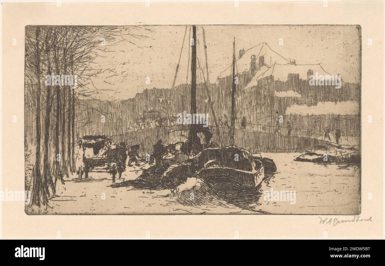 Snow in the city, Willem Adrianus Grondhout, 1888 - 1931 print Moored ...