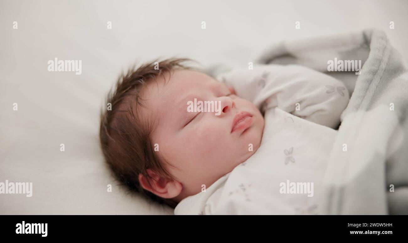 Baby, sleeping and nursery room bed with morning, nap and dreaming of a ...