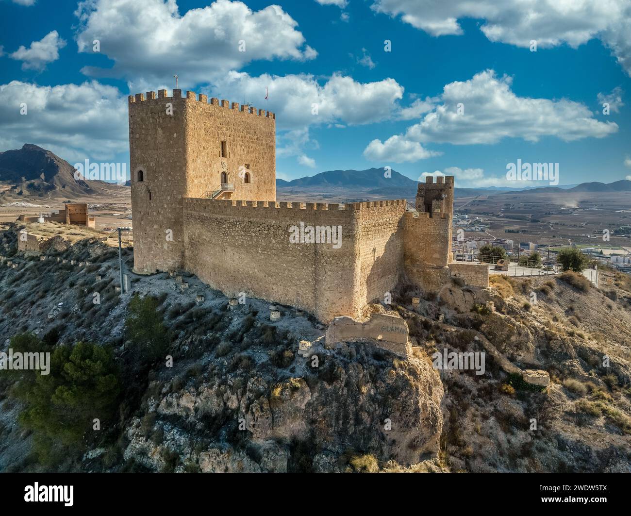Aerial view of Jumilla medieval castle in Murcia Spain, on a hilltop ...