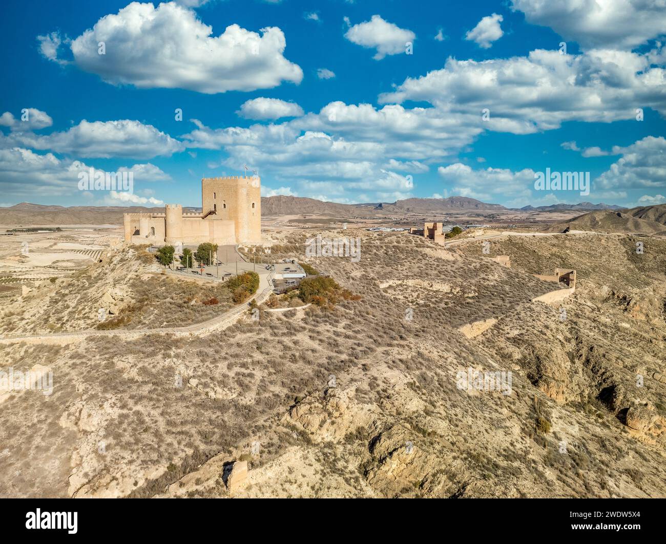 Aerial view of Jumilla medieval castle in Murcia Spain, on a hilltop ...