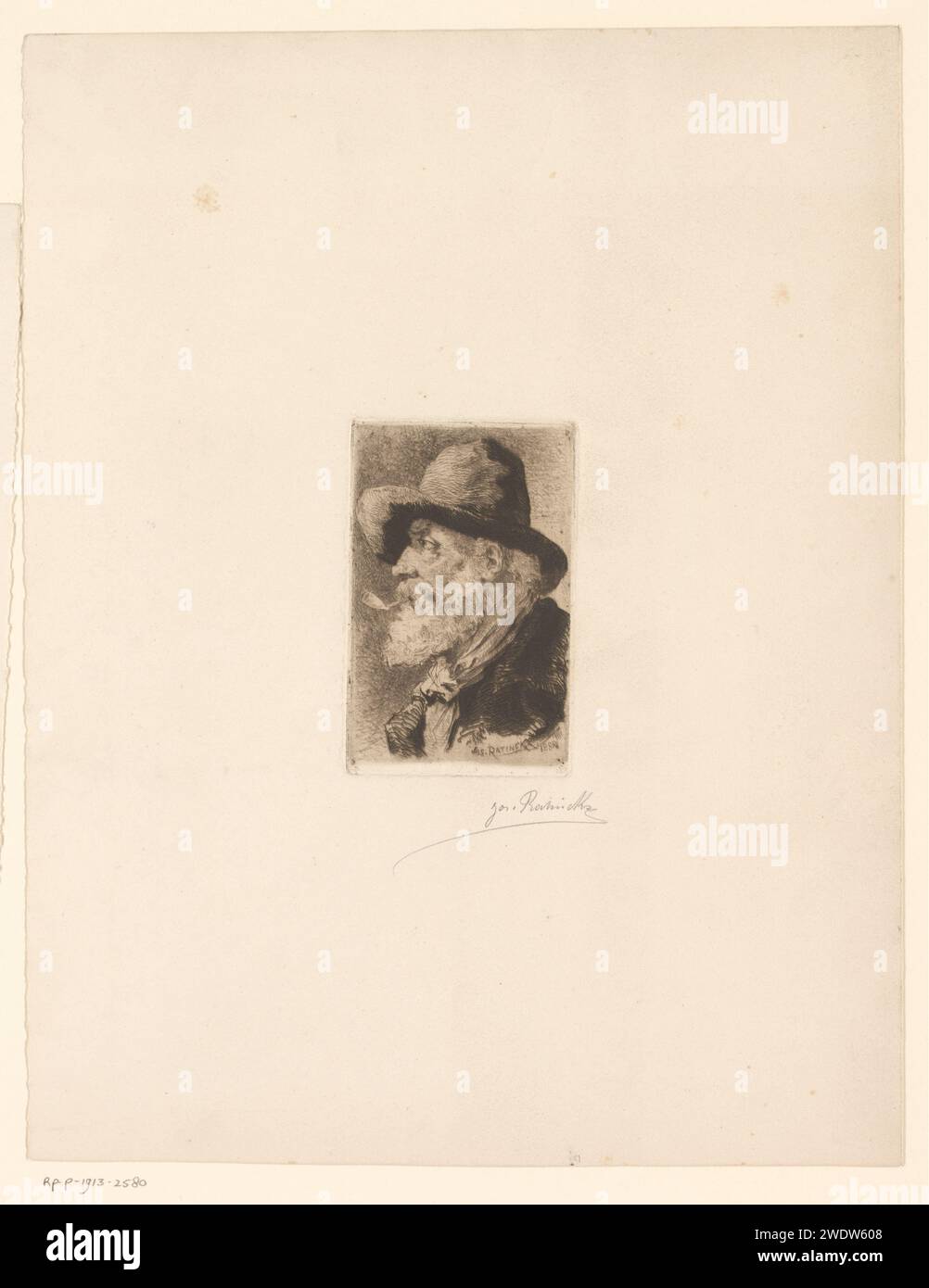 Piping old man with hat, Jos Ratinckx, 1888 print paper ETCHING / ROUCH ...
