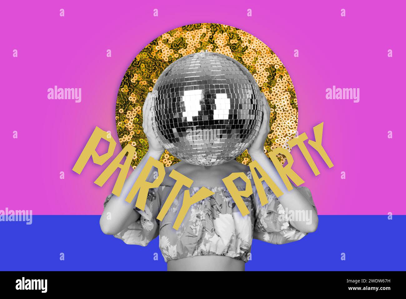 Composite collage picture image of funny female cover hide face disco ...