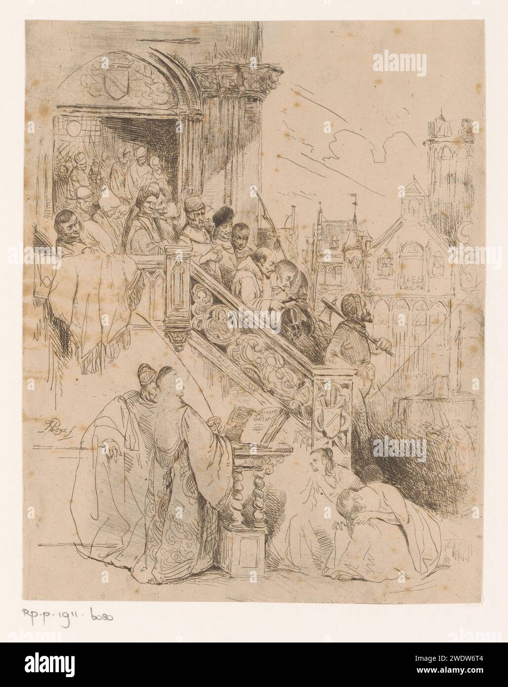 Group of people, including a convicted person and the executioner ...