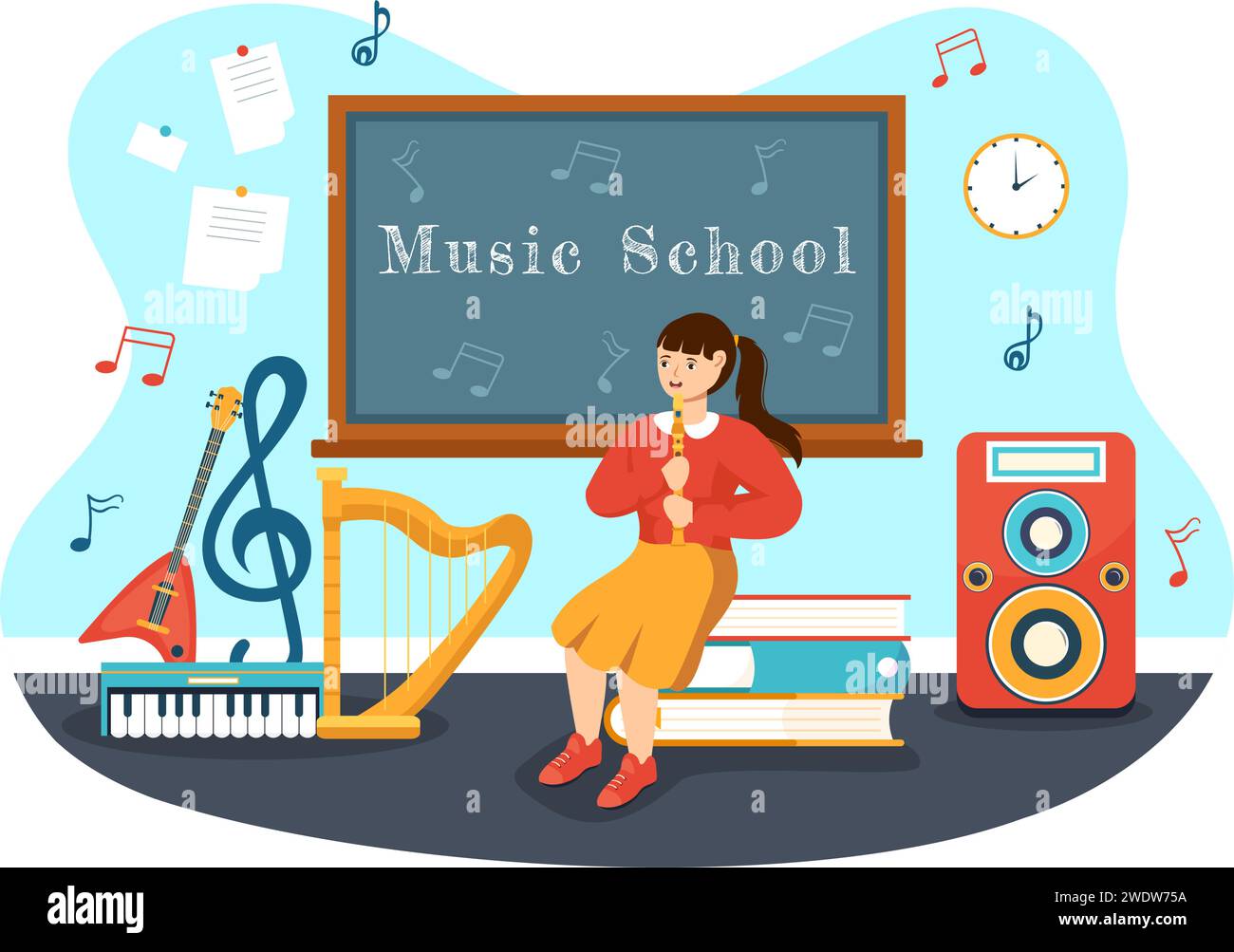 Music School Vector Illustration with Playing Various Musical ...