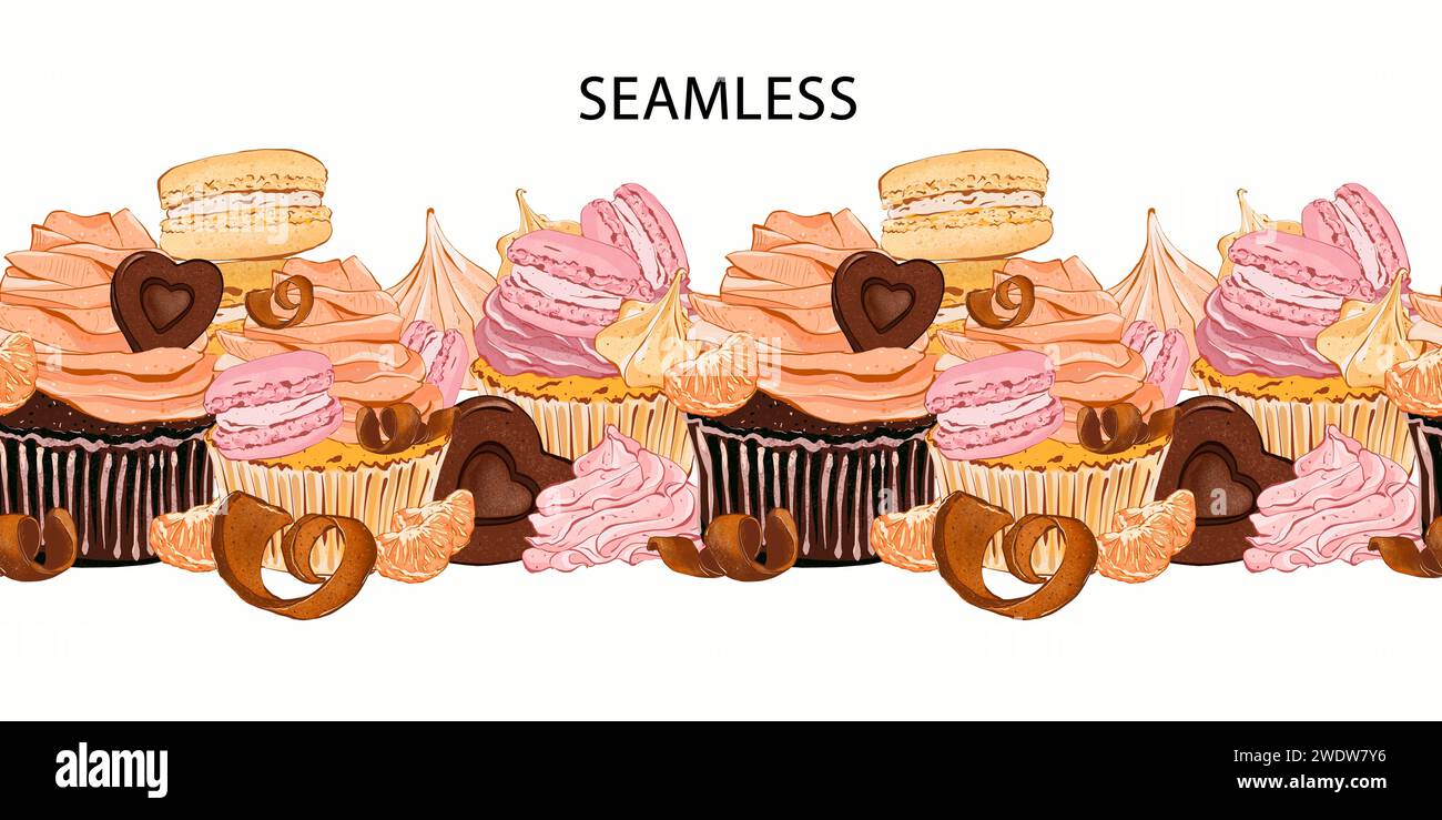 Seamless food border. Cupcake with berries cream, macaron, chocolate ...