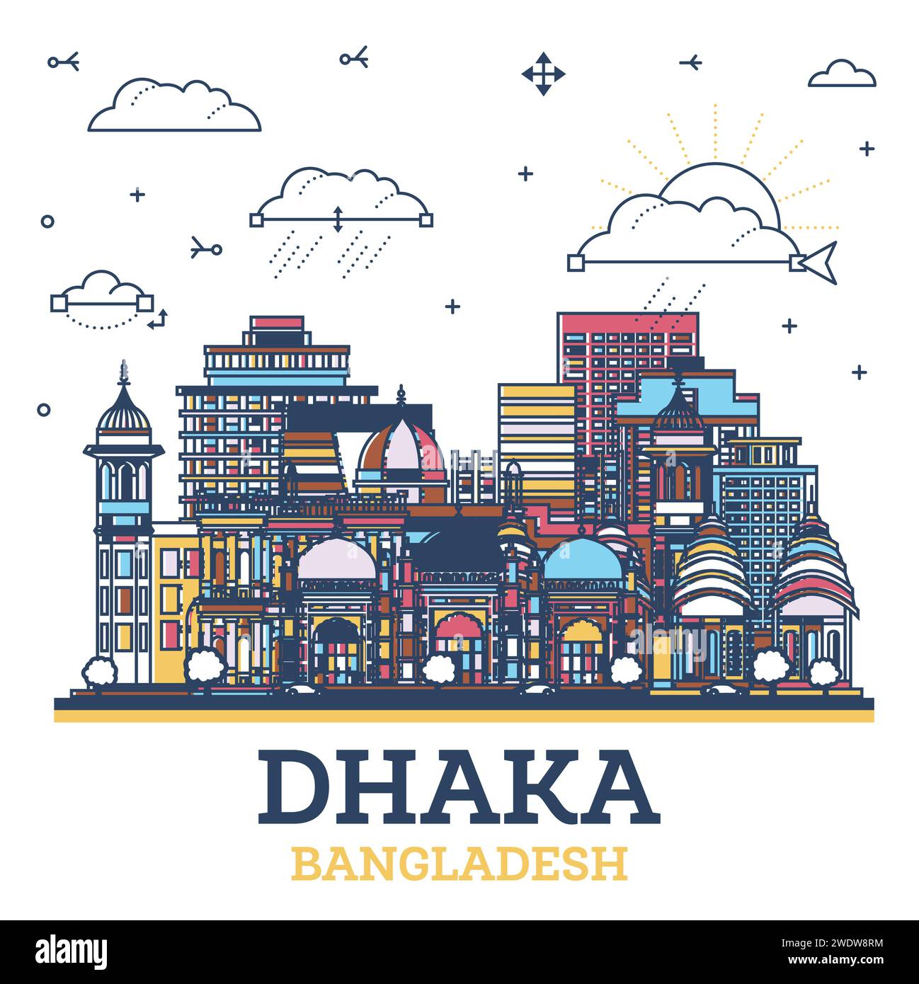 Outline Dhaka Bangladesh city skyline with colored modern and historic ...