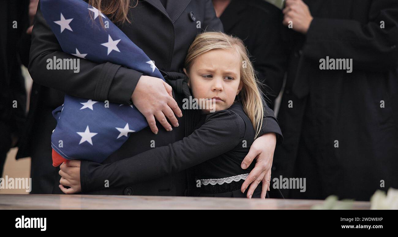 USA veteran funeral, girl and sad family with hug, care and flag for ...