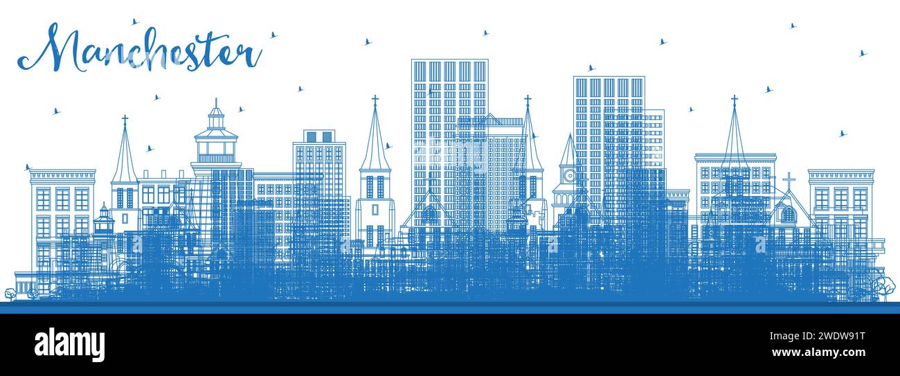 Outline Manchester New Hampshire City Skyline with Blue Buildings ...