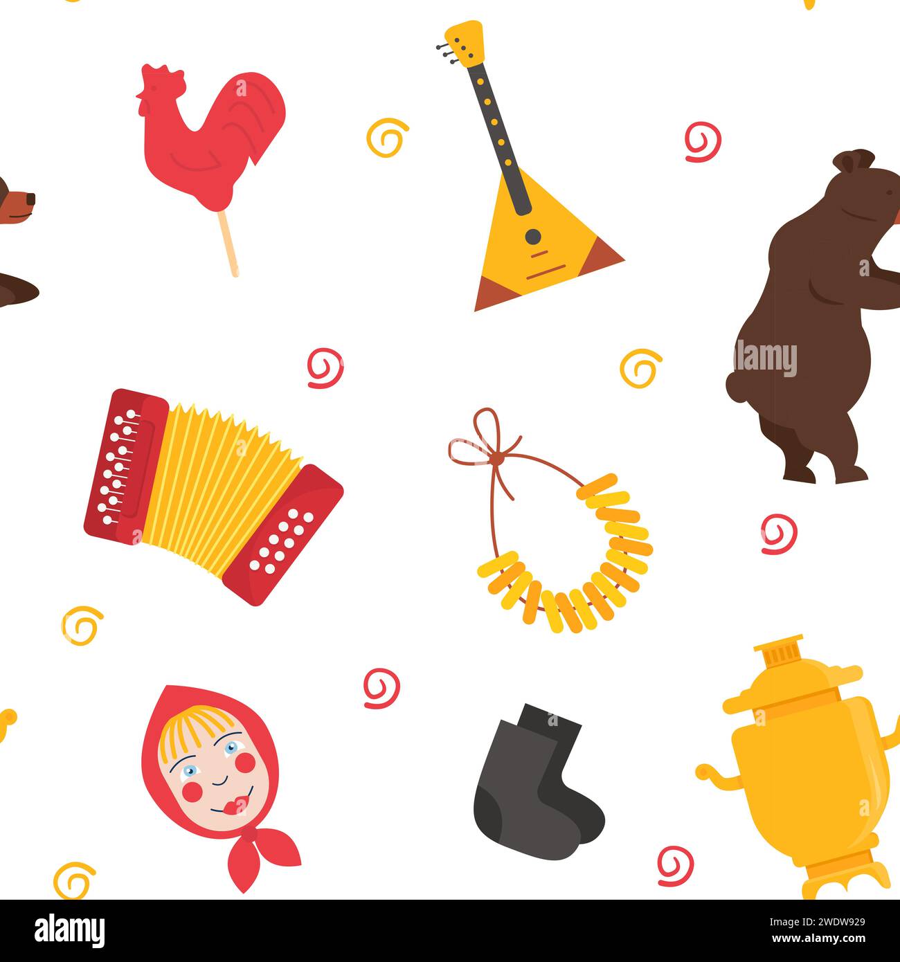 Seamless pattern of Russia folk elements. Doll face, samovar, bubliki ...