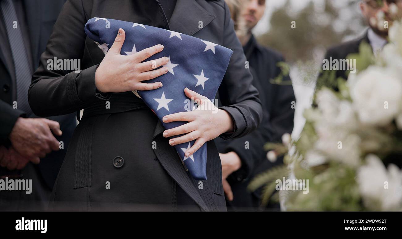 Hands, american flag and death with a person at a funeral, mourning a ...