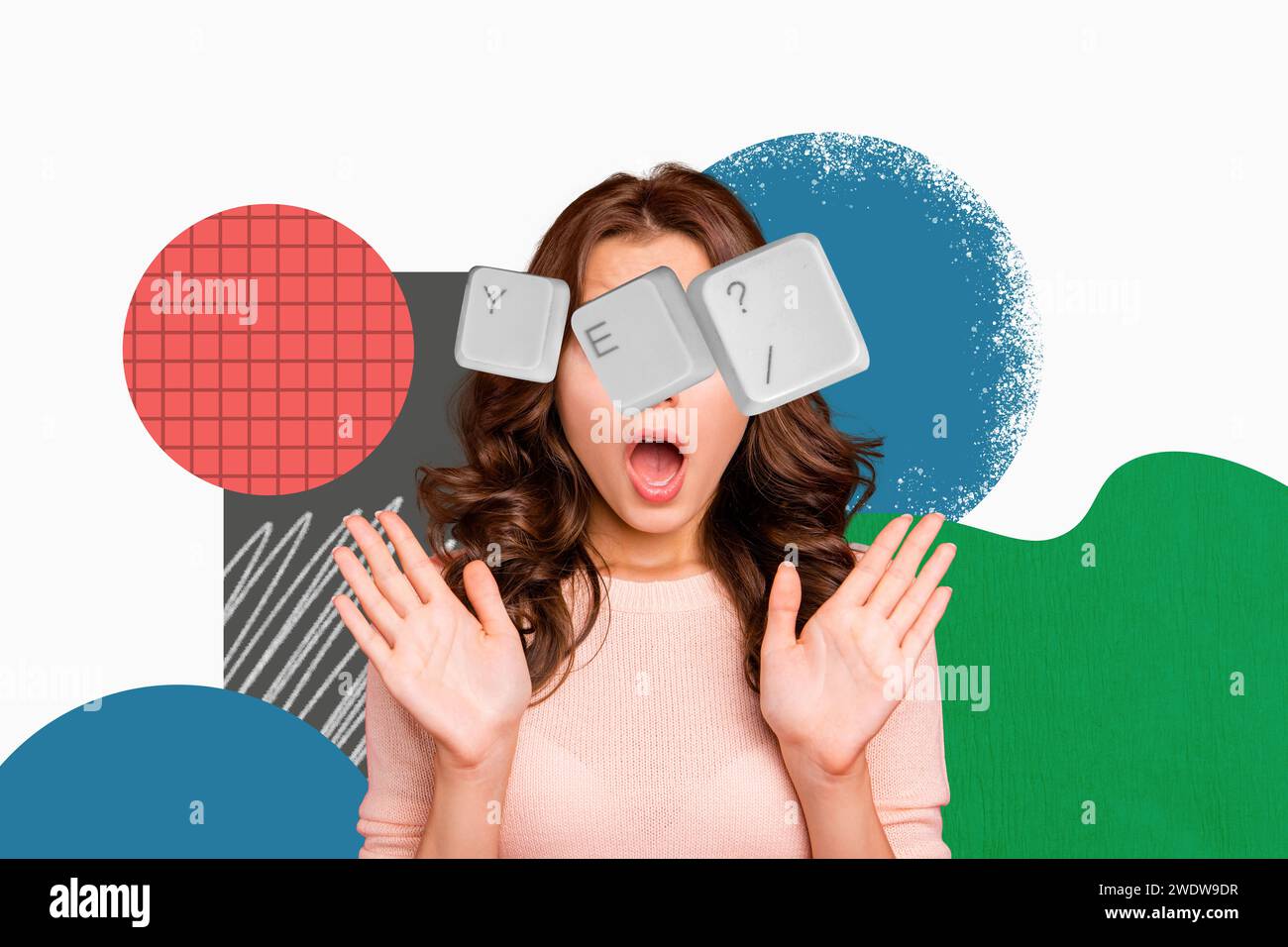 Picture image collage of worried nervous woman with open mouth writing ...