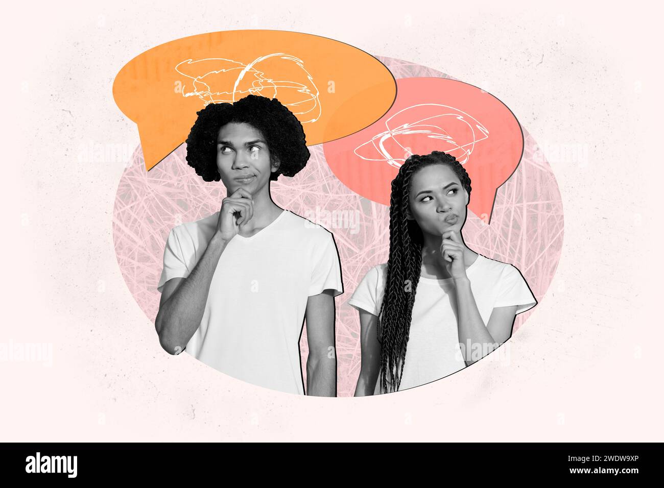 Photo collage illustration young siblings thinking find solution ...